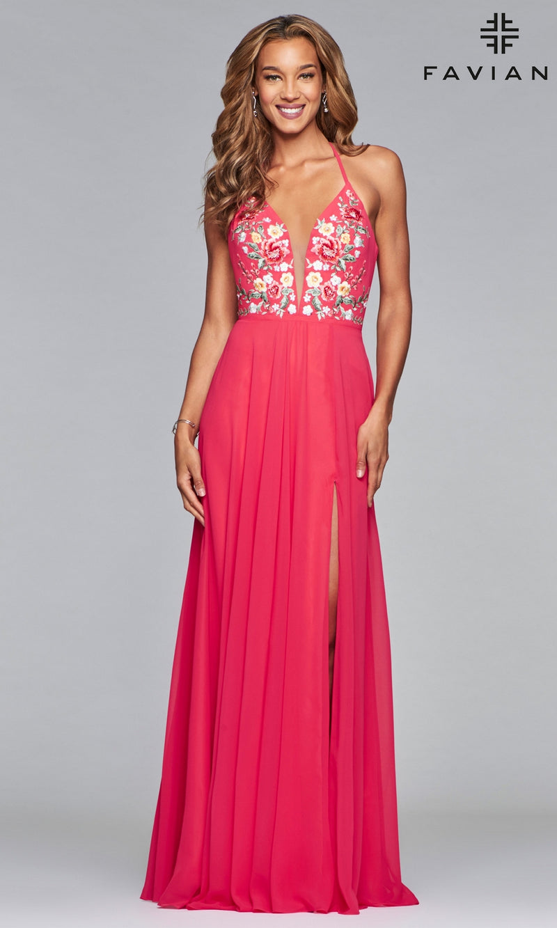 Faviana Embroidered-Bodice Long Chiffon Prom Dress
