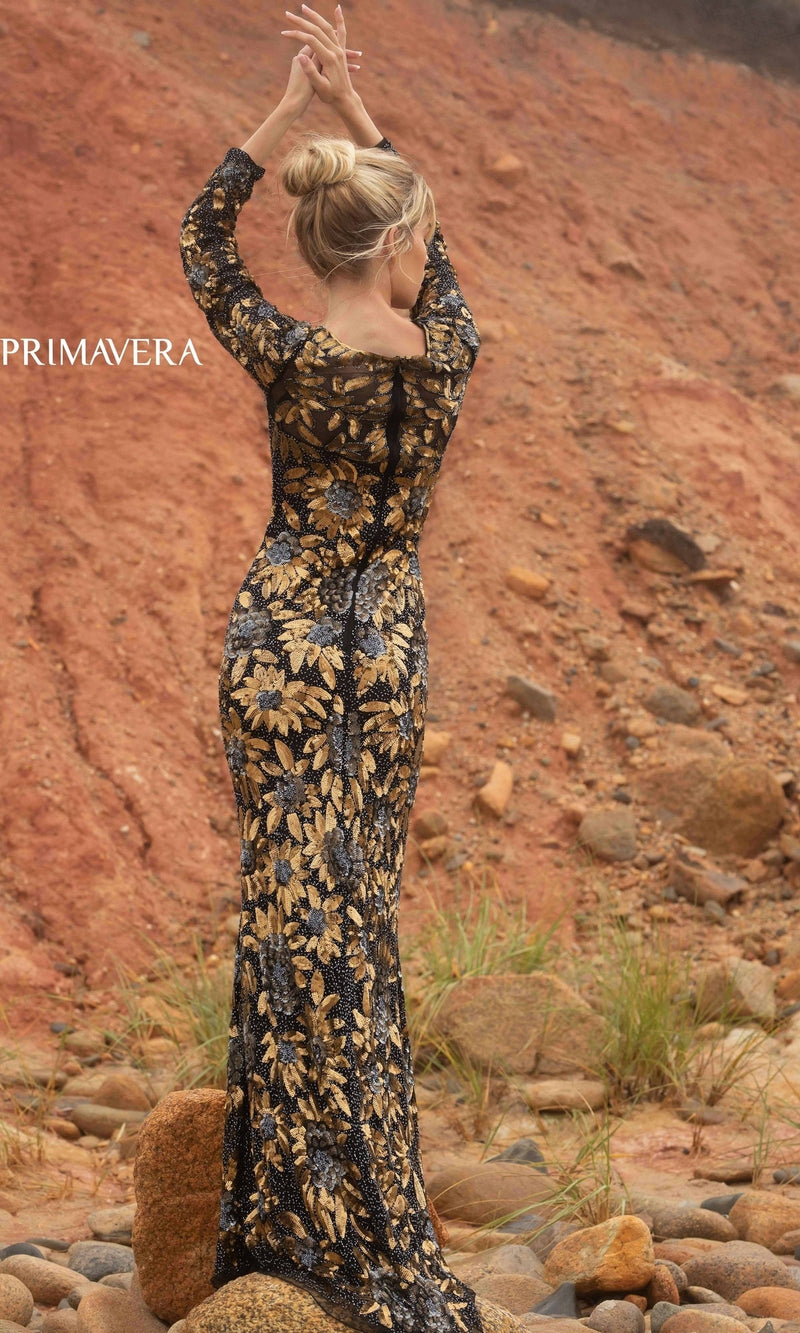 Black And Gold Floral Beaded Primavera Gown 1401