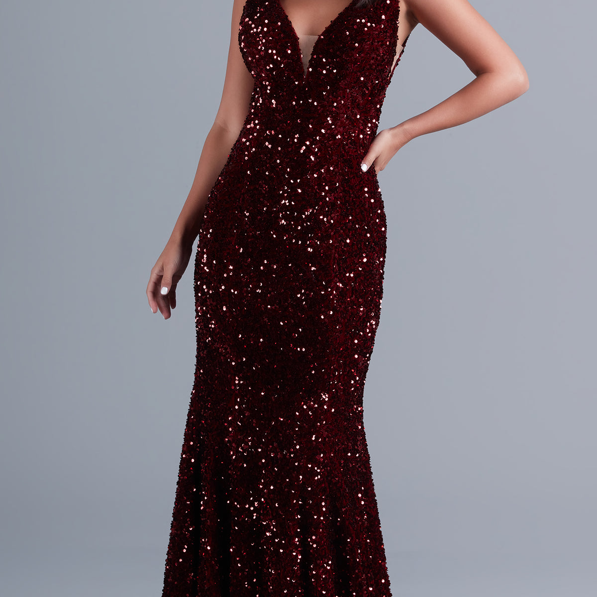 Sequin-Velvet Dark Red Long Prom Dress with V-Neck