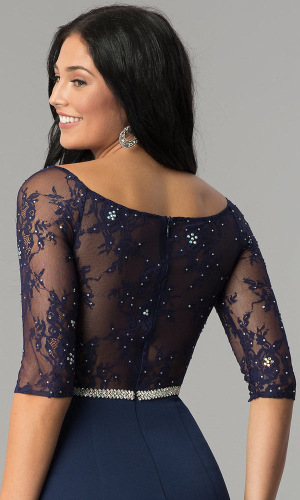 Sleeved Formal Dress with Beaded Sheer Lace Bodice