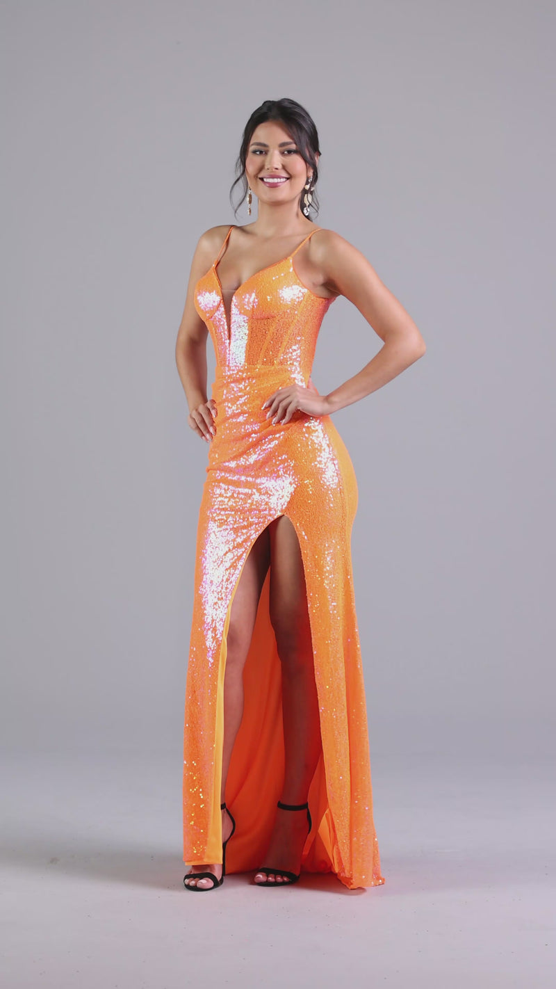 Long Tight Sequin Prom Dress in Bright Neon