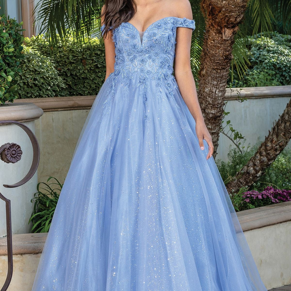 Glitter-Tulle Long Off-the-Shoulder Prom Ball Gown