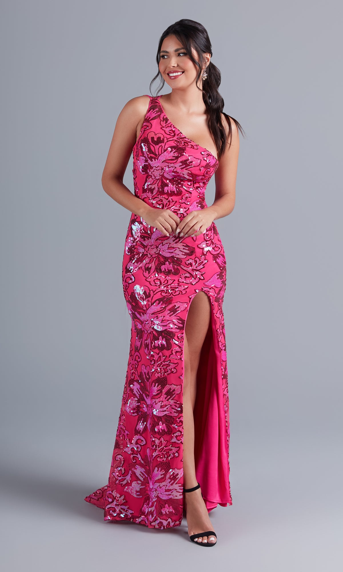 One-Shoulder Hot Pink Long Sequin Formal Dress