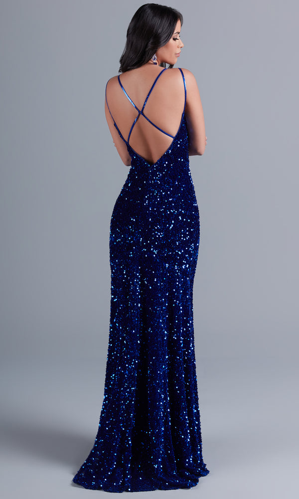 Open-Back Sequin-Velvet Long Formal Dress