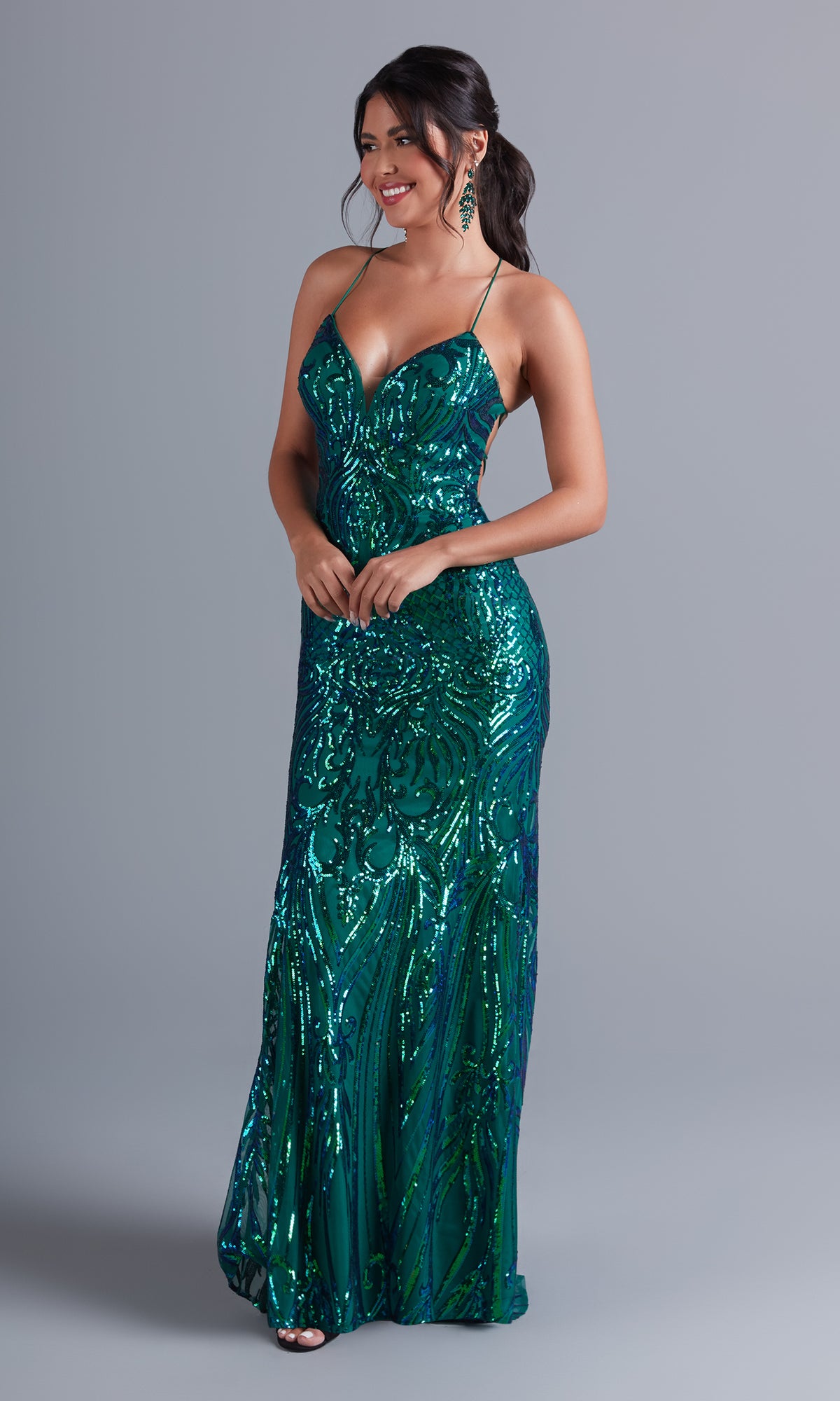 Strappy-Back Long Sexy Shimmer Formal Prom Dress