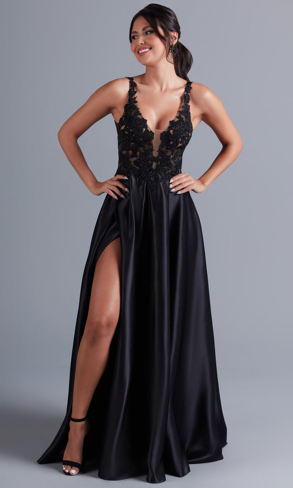 Sheer-Lace-Bodice Long Black A-Line Formal Dress
