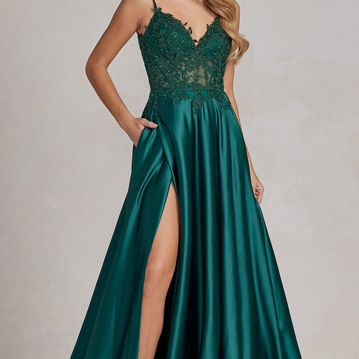Sheer Lace-Bodice Long A-Line Prom Dress