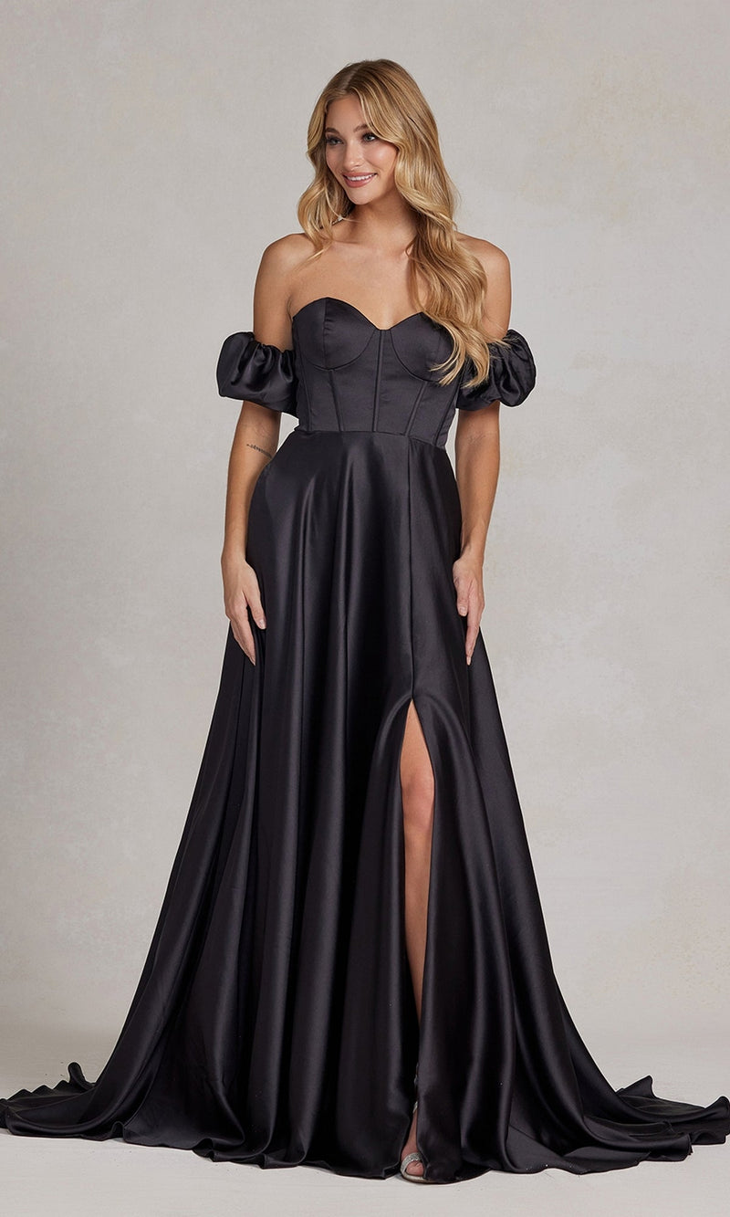 Strapless Long Prom Dress with Detached Puff Sleeves