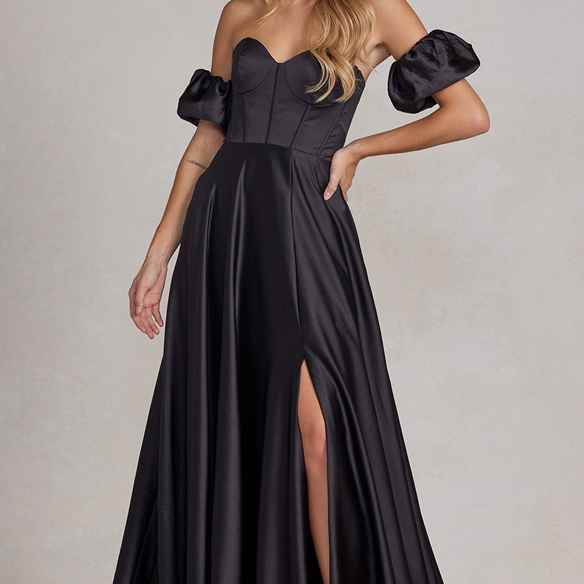 Strapless Long Prom Dress with Detached Puff Sleeves