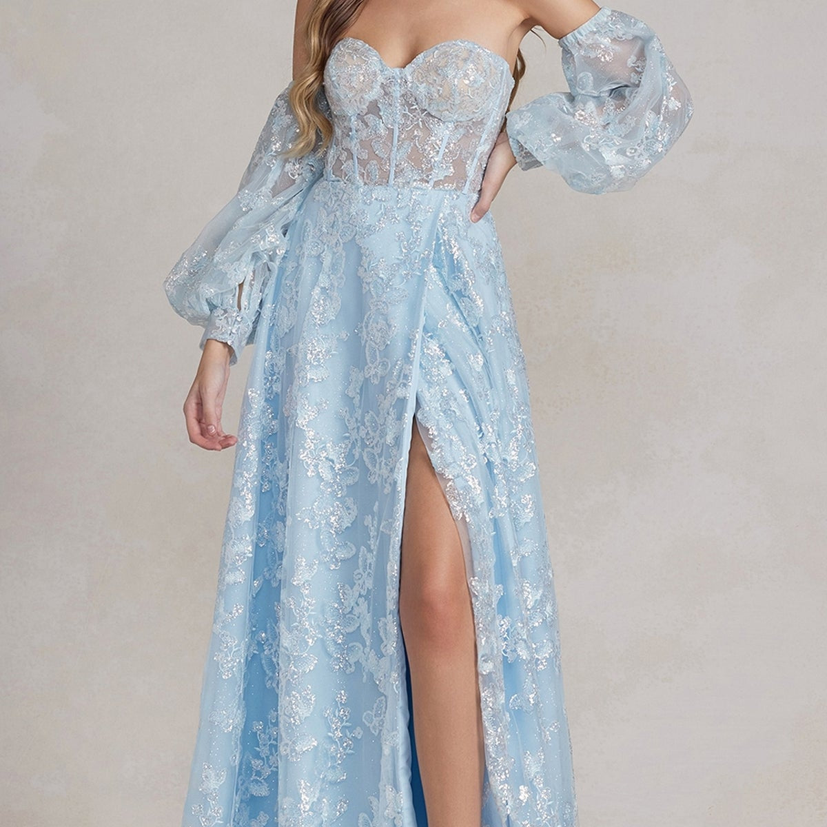 Strapless Long Prom Dress with Detached Puff Sleeves