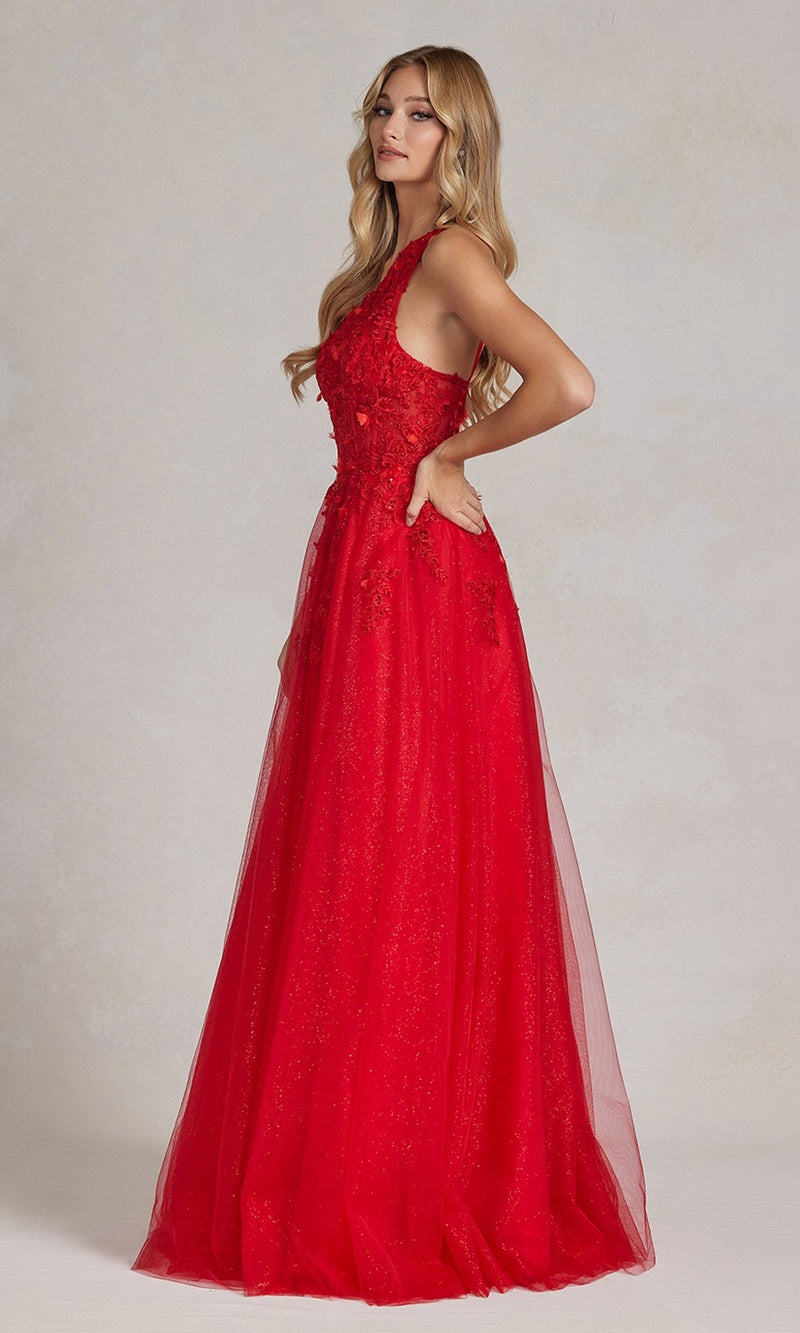 One-Shoulder Embroidered Lace Long Red Prom Ball Gown