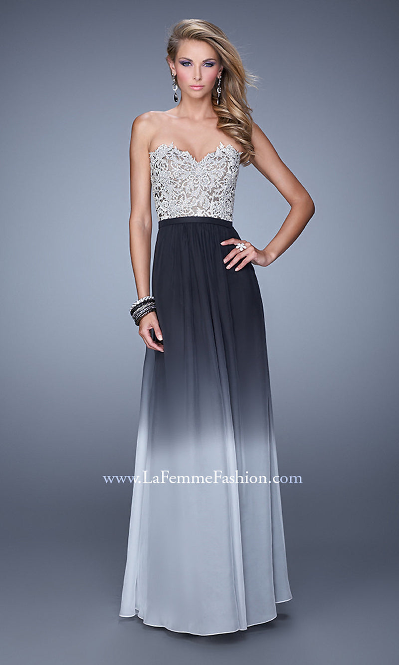 La Femme Strapless Lace-Bodice Long Ombre Prom Dress