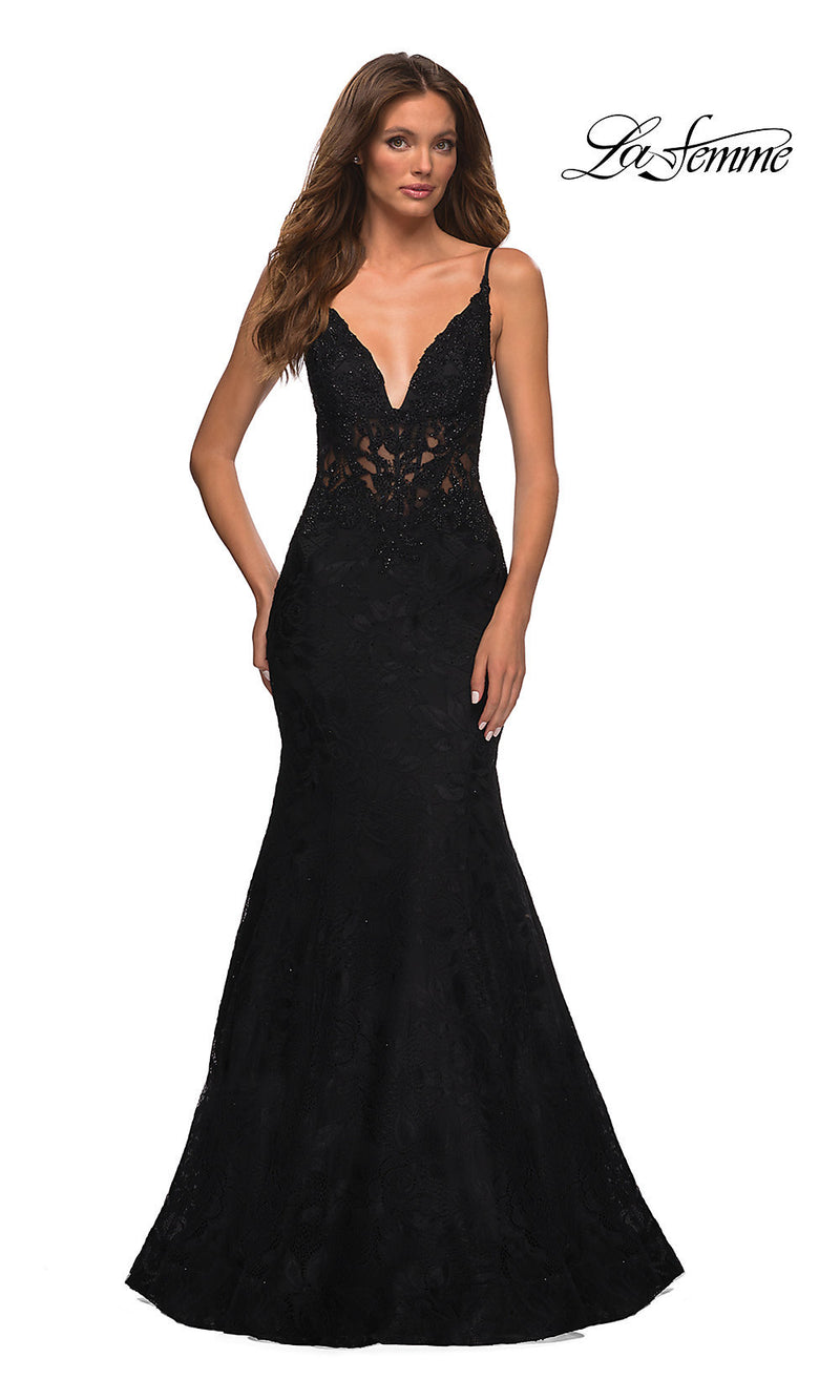La Femme Long Lace Mermaid Prom Dress with Sheer Waist