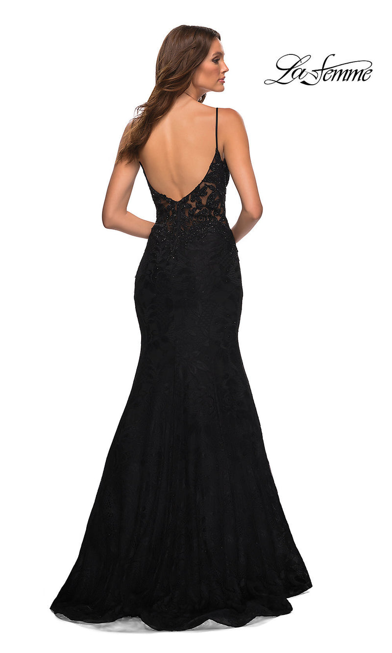 La Femme Long Lace Mermaid Prom Dress with Sheer Waist