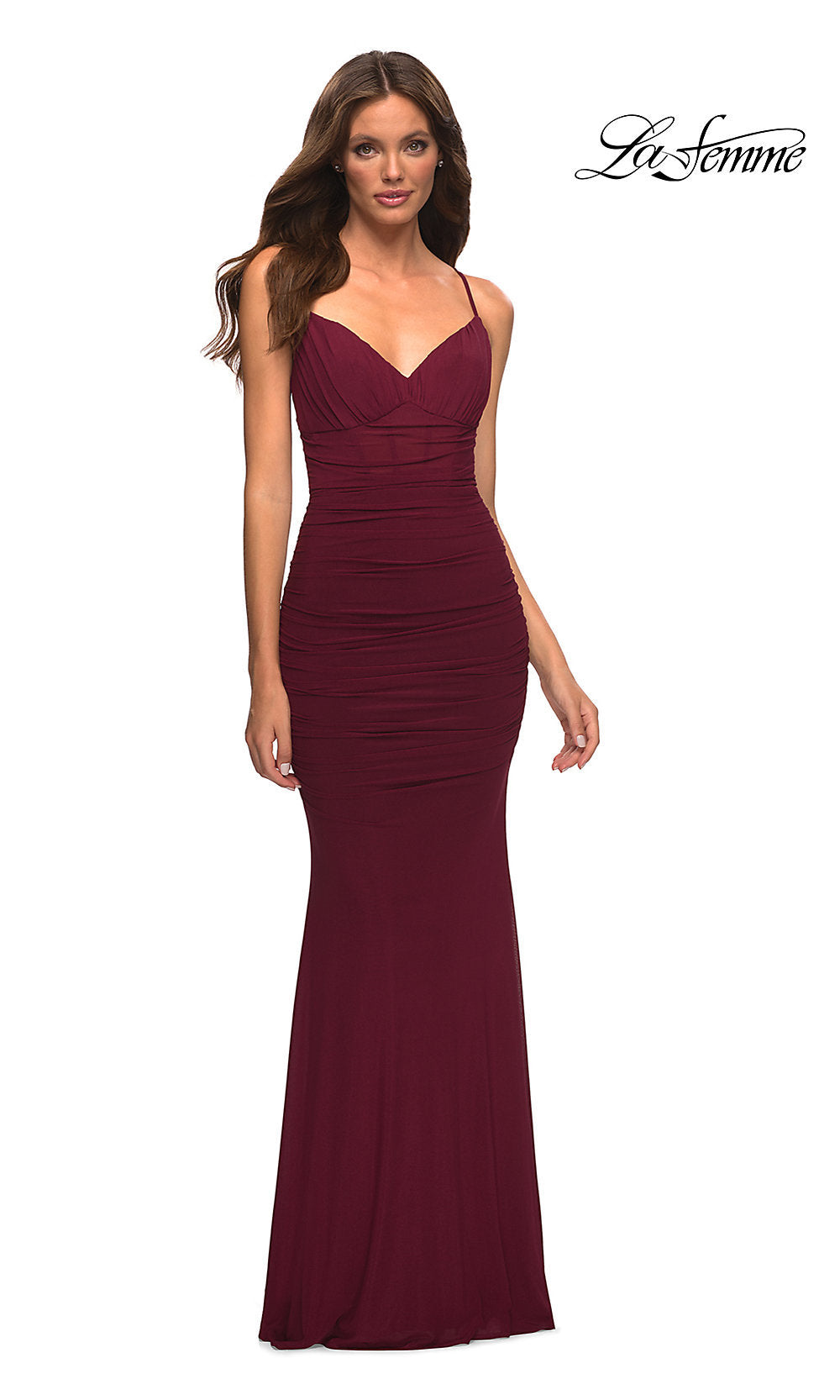 Lace-Up La Femme Empire-Waist Long Prom Dress
