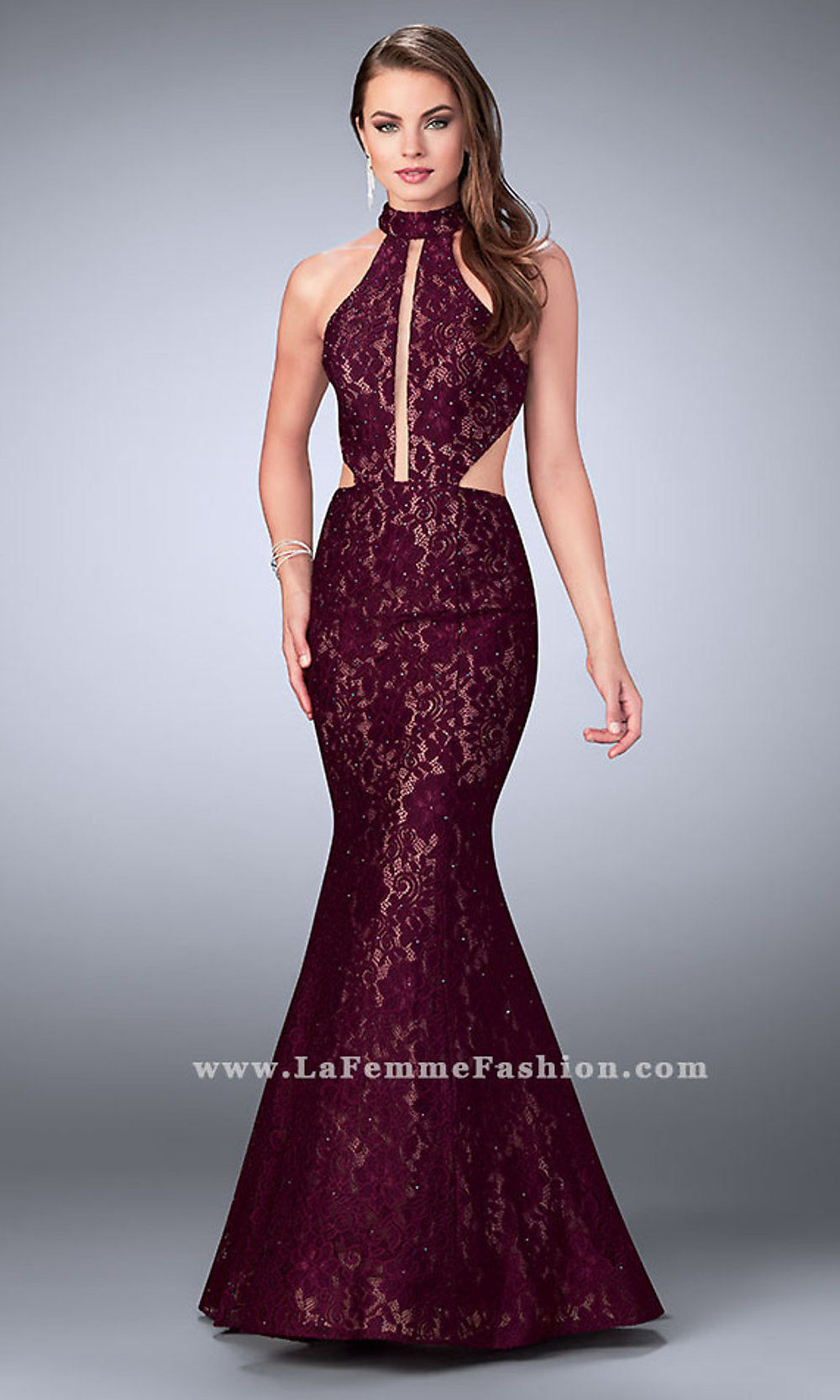 La Femme Long Lace Prom Dress