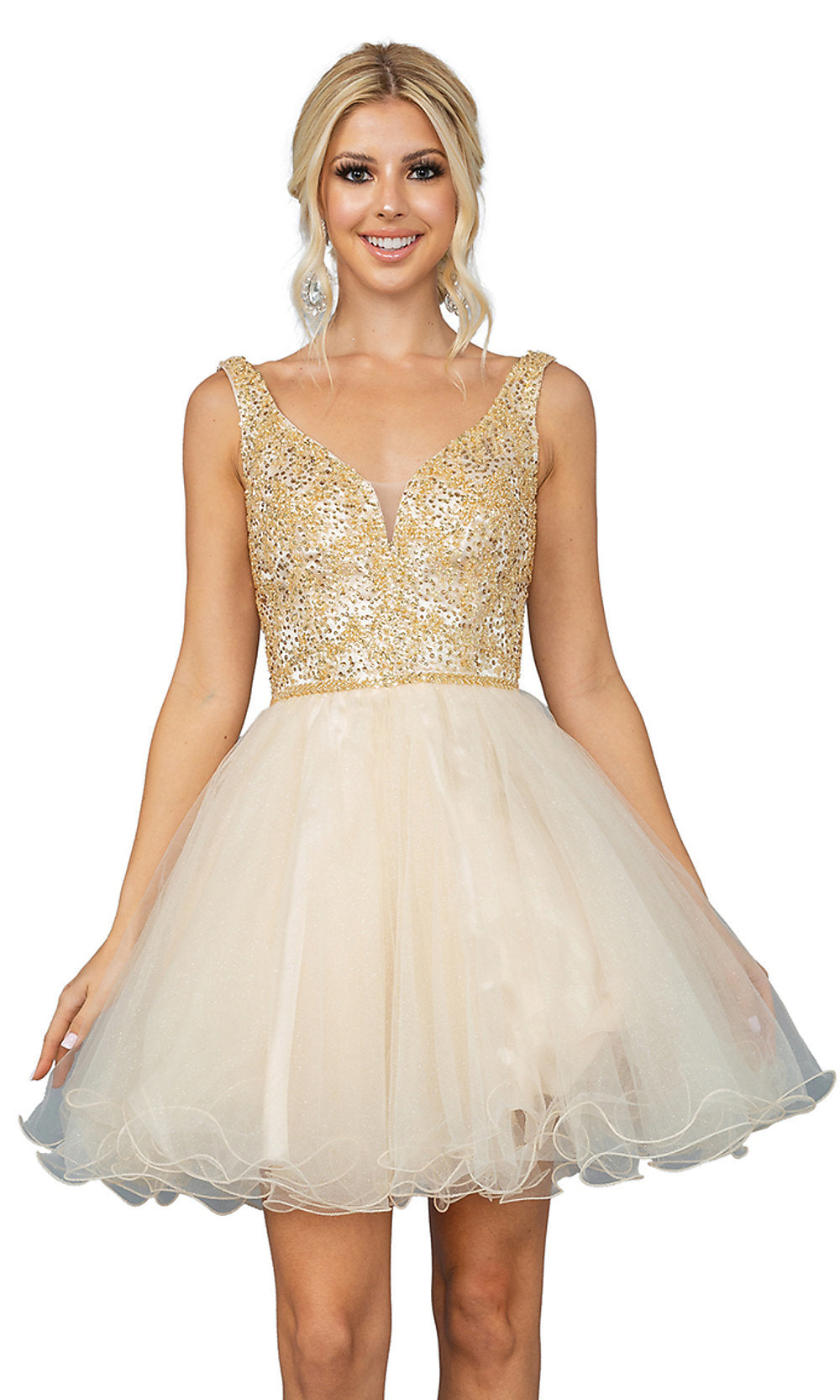 Fit-and-Flare Beaded-Bodice Short Formal Hoco Dress