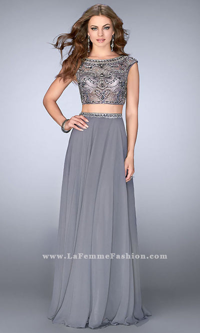 Long Bateau Neck Silver Two Piece Prom Dress