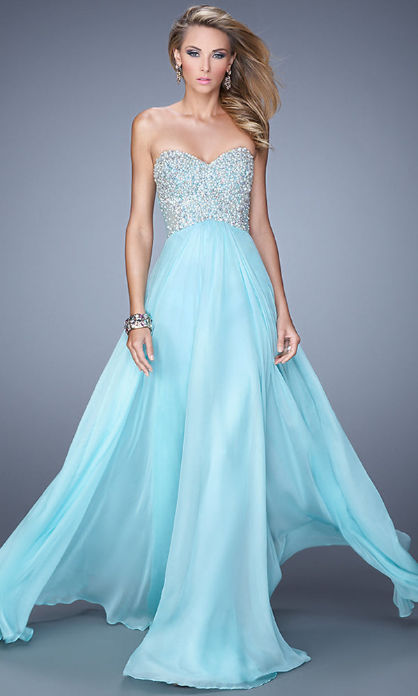 Beaded-Bodice Long Strapless A-Line Prom Dress