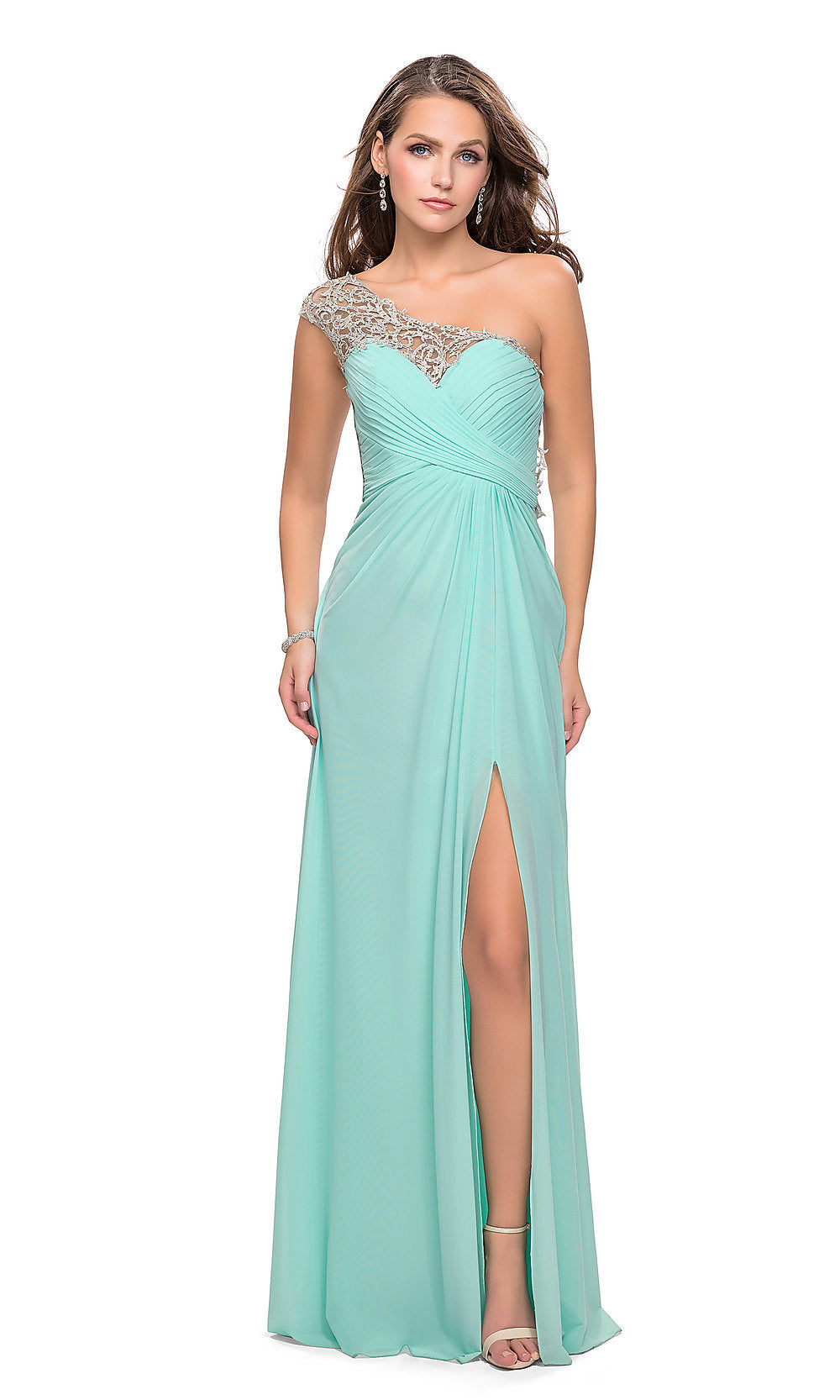 Lace-Back Long La Femme One-Shoulder Prom Dress