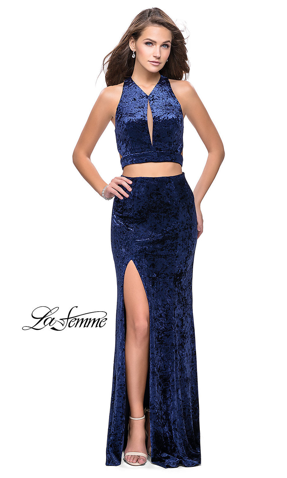 Open-Back Long Mock Two-Piece Velvet La Femme Prom Dress