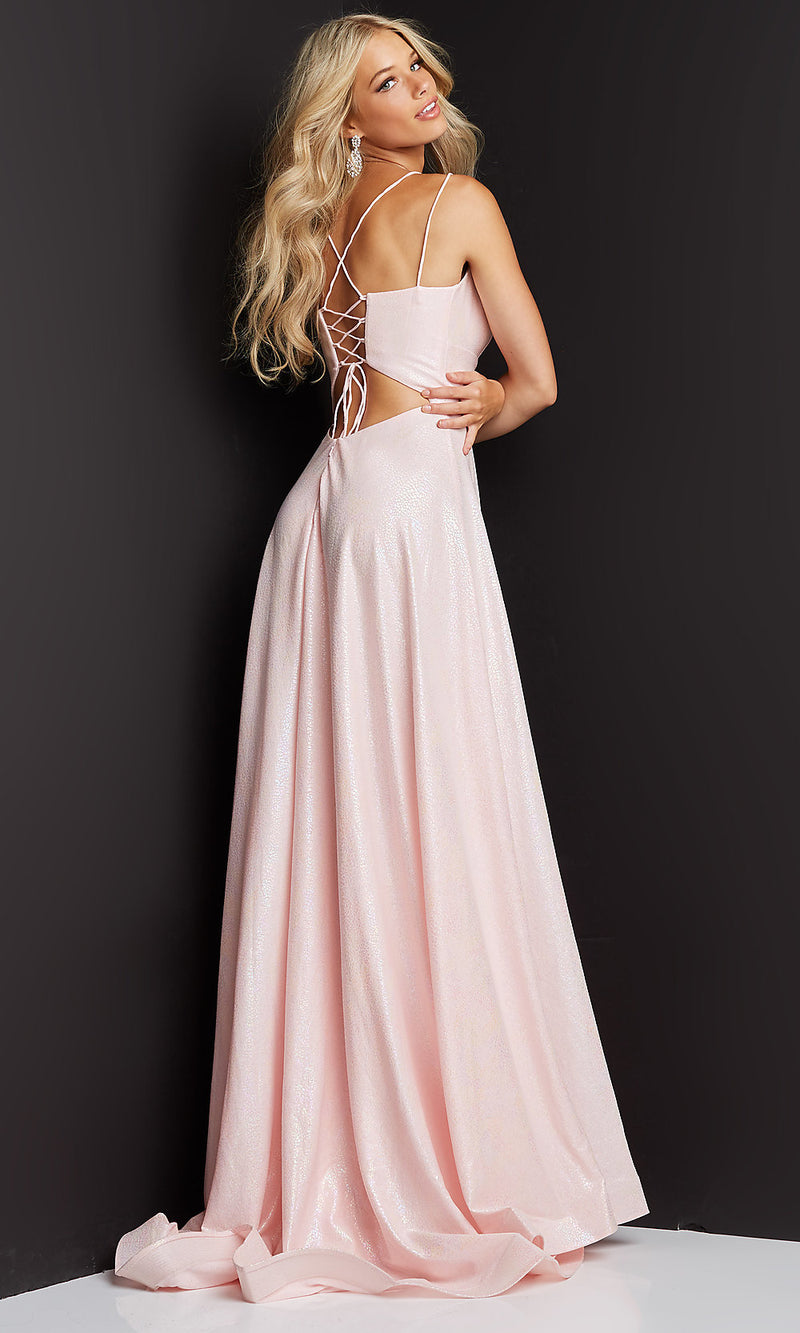 JVN by Jovani Long Pink Corset-Back Shimmer Prom Dress
