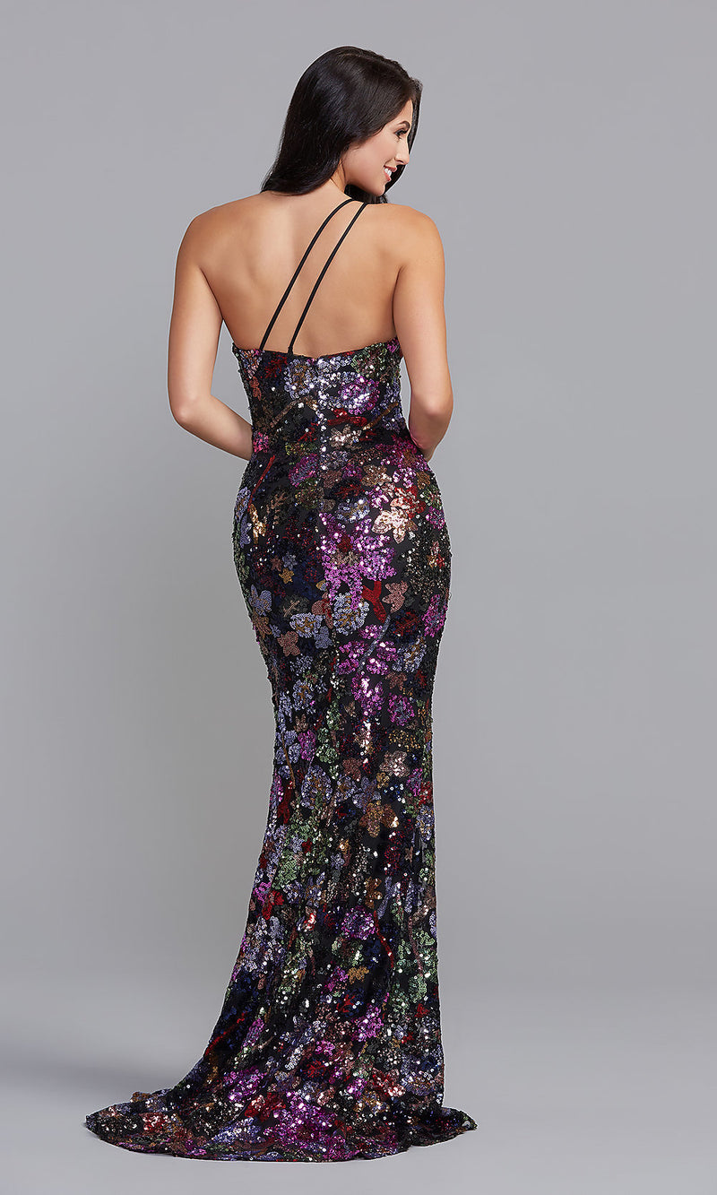 One-Shoulder Long Prom Dress with Multicolor Sequins