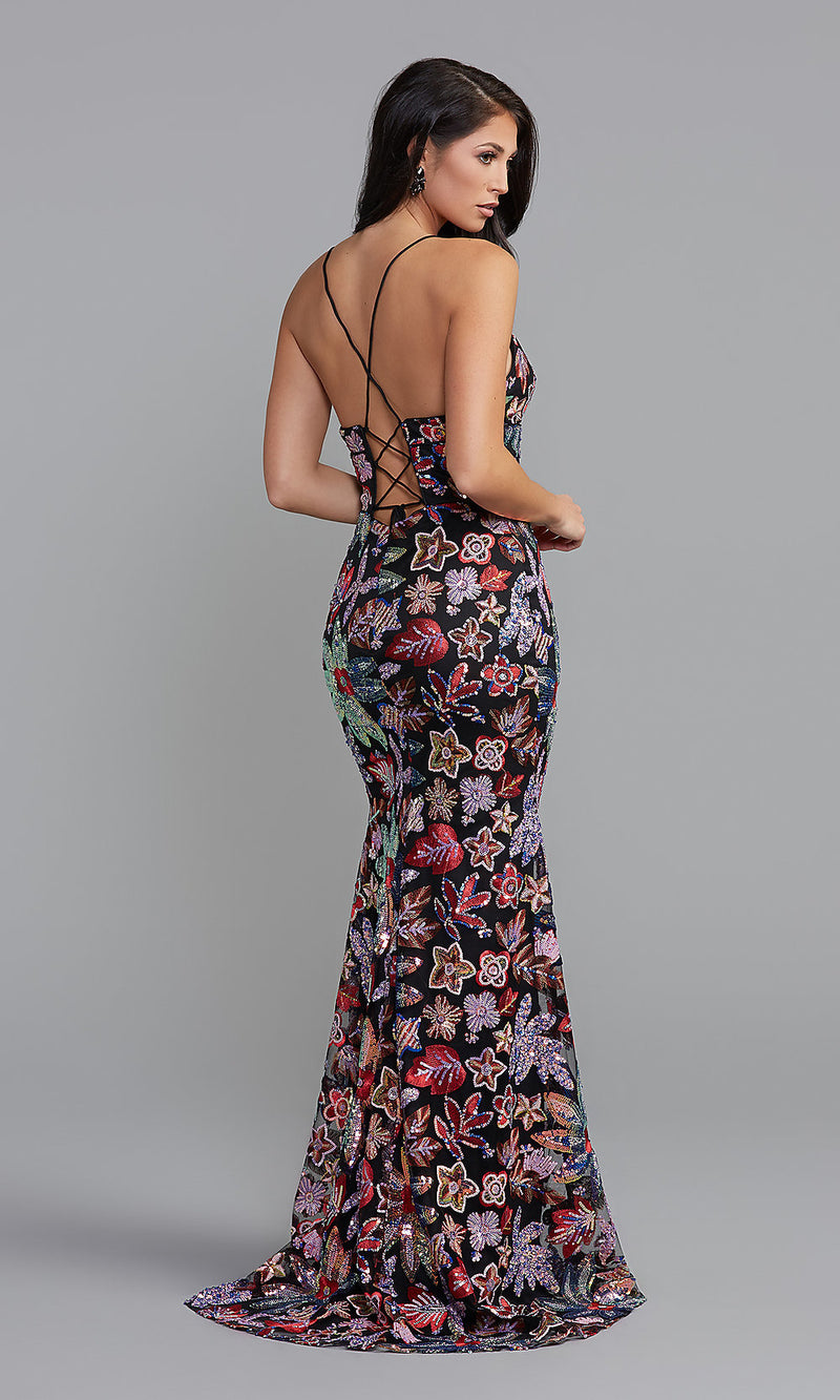 Sequin Floral-Print Purple and Red Long Prom Dress