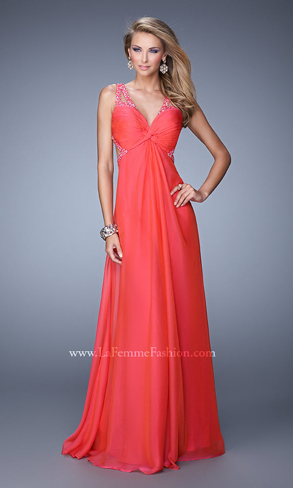 La Femme Knot-Front Strappy-Back Long Prom Dress
