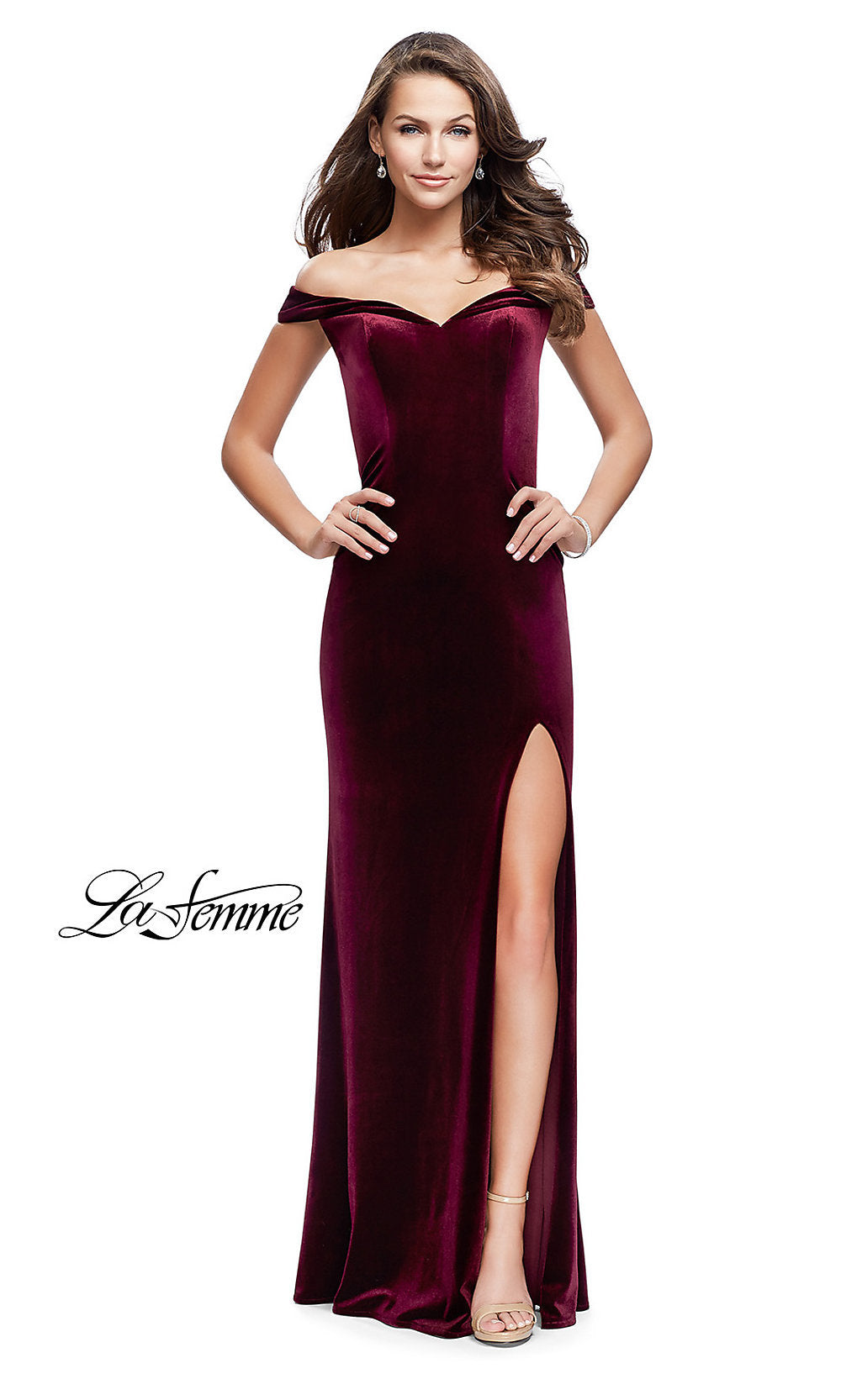 Off-the-Shoulder Long Velvet Prom Dress by La Femme